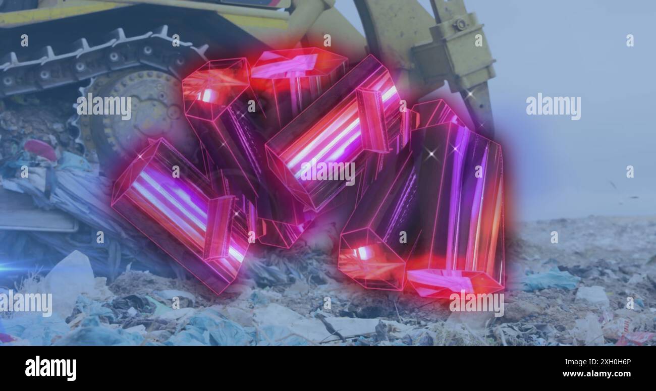 Image of geometric pattern over machinery leveling garbage in dumping ...