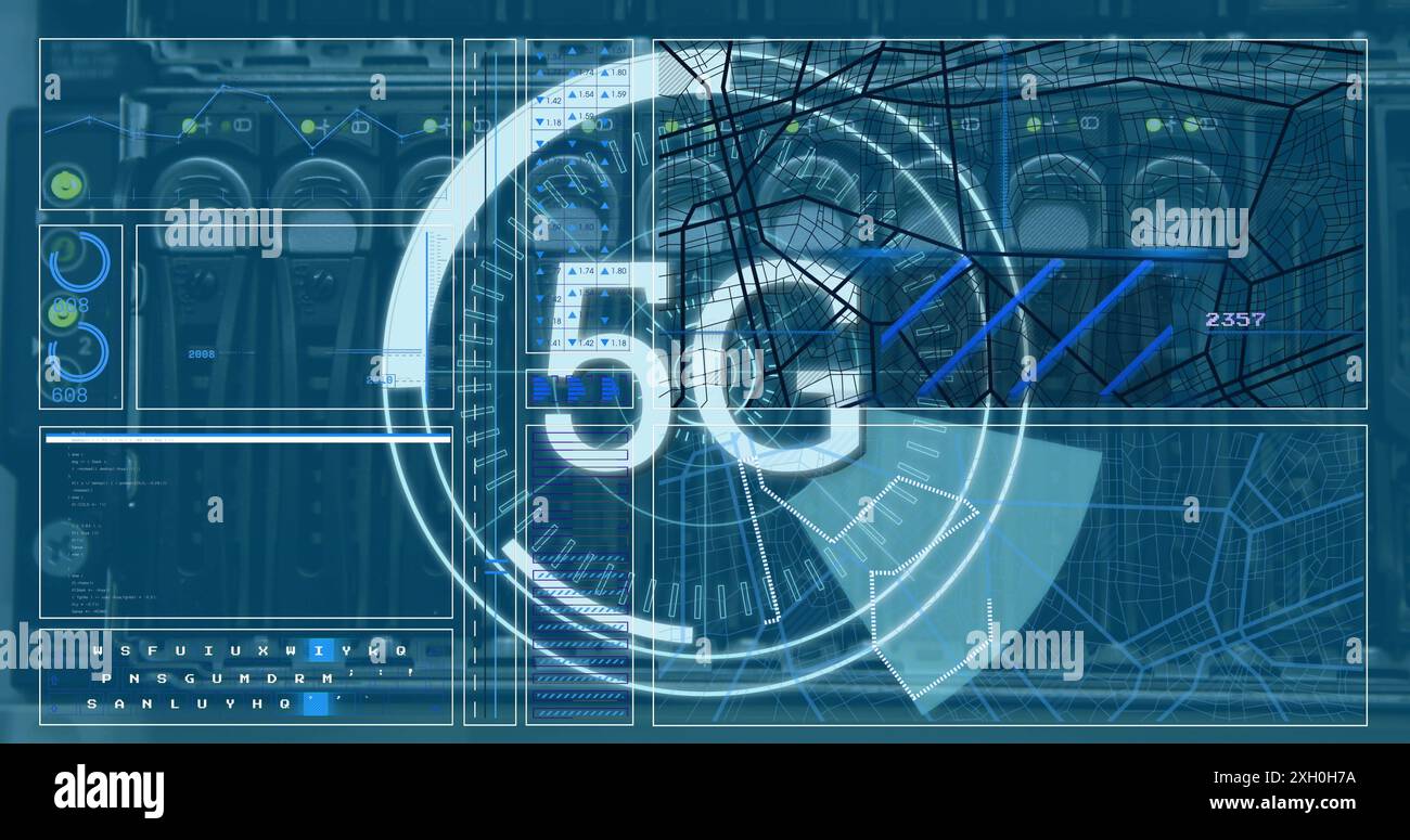Image of scope scanning with 5g text and data processing over server room. Global technology ...