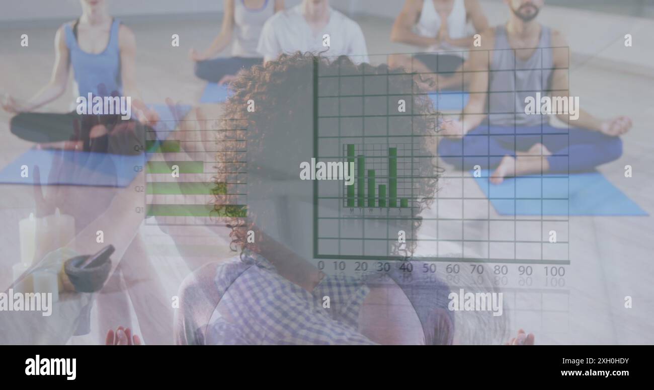 Image of loading circle and graphs over diverse people practicing yoga ...