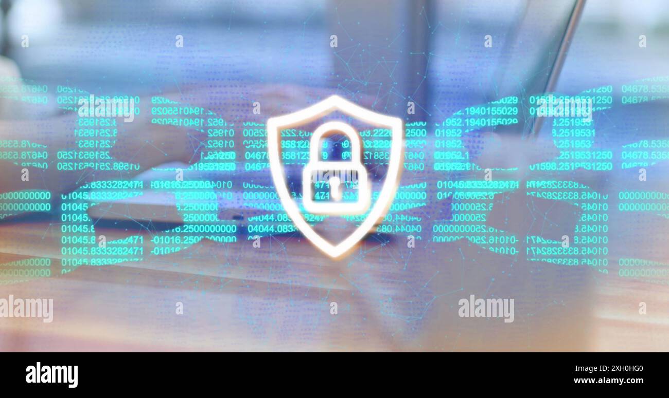 Image of padlock in shield, numbers in blockchain, connected dots ...