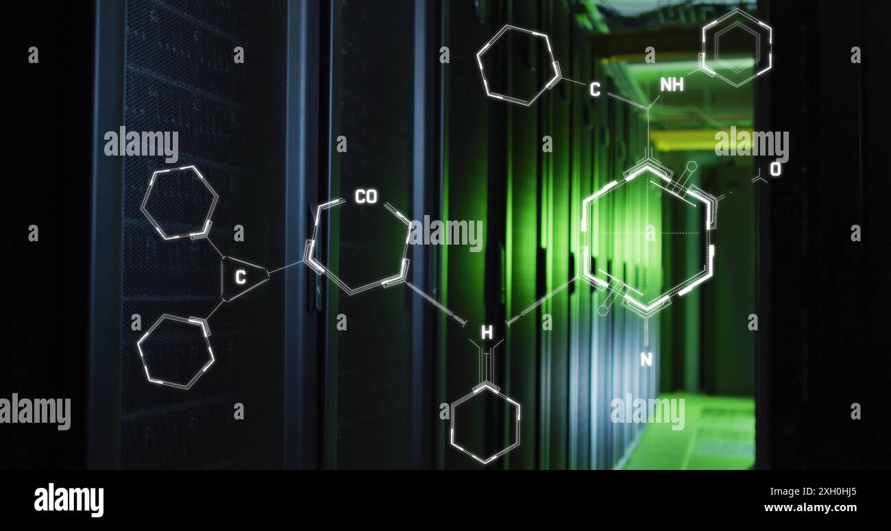 Image of chemical structures against computer server room. Science ...