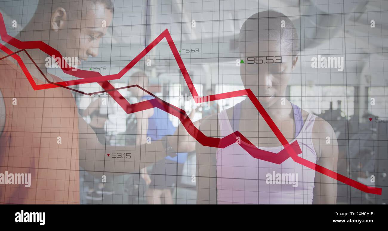 Image of graphs and numbers over diverse man teaching dumbbells ...