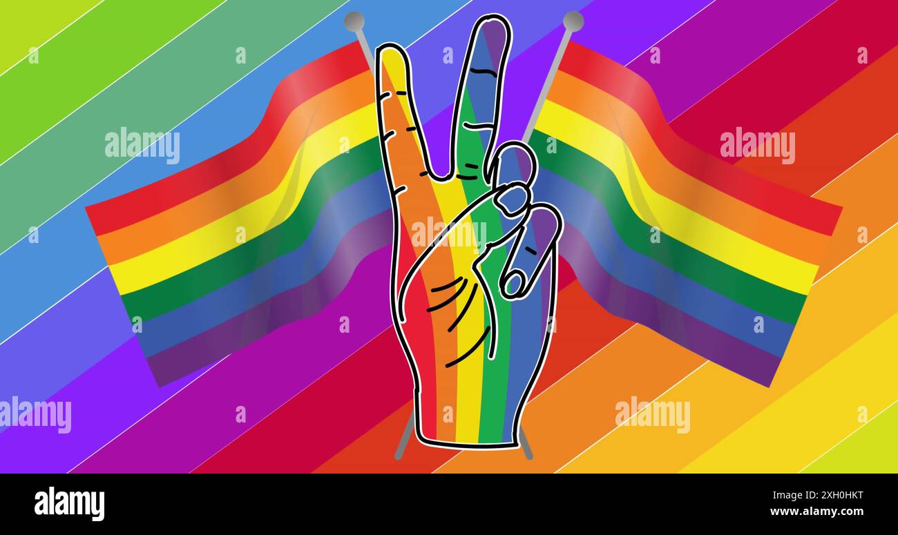 Image of victory hand sign and flags over rainbow background. Pride ...
