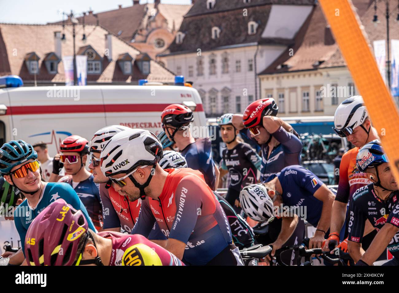 Sibiu City, Romania - 08 July 2024. cyclists before the start of Stage ...