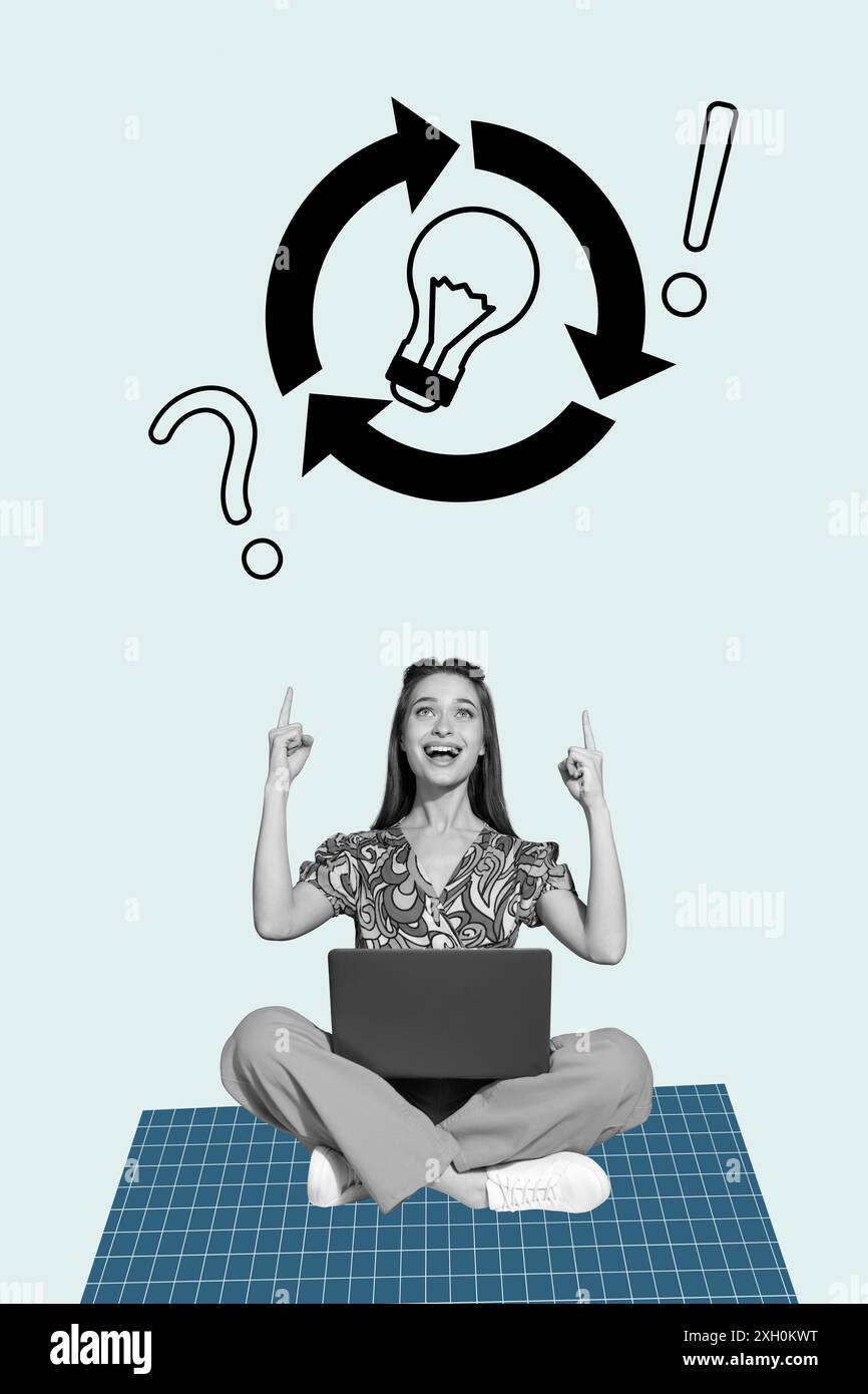 Vertical poster collage young cheerful woman point finger up idea lamp find solution strategy ...