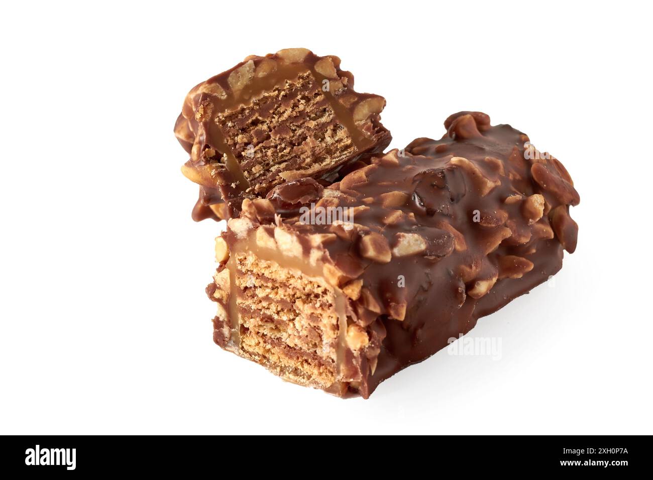 Wafer chocolate bar with nuts in a cut isolated on a white background ...