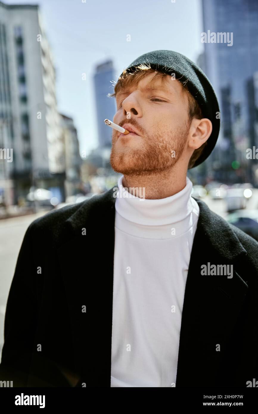Stylish redhead man smoking a cigarette in the city Stock Photo - Alamy