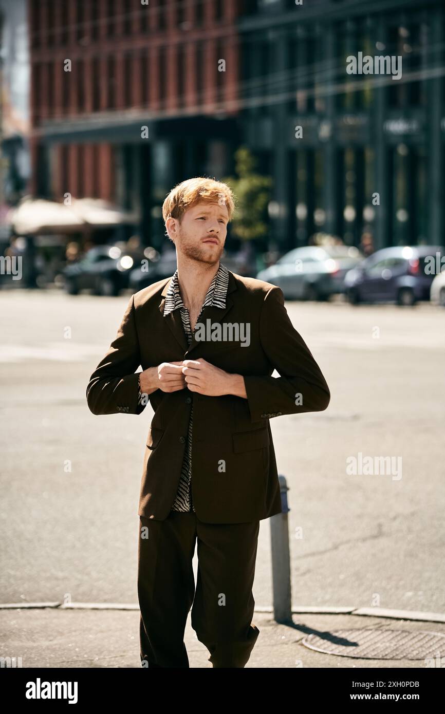 A red-haired, young man stands confidently on a city street in debonair ...