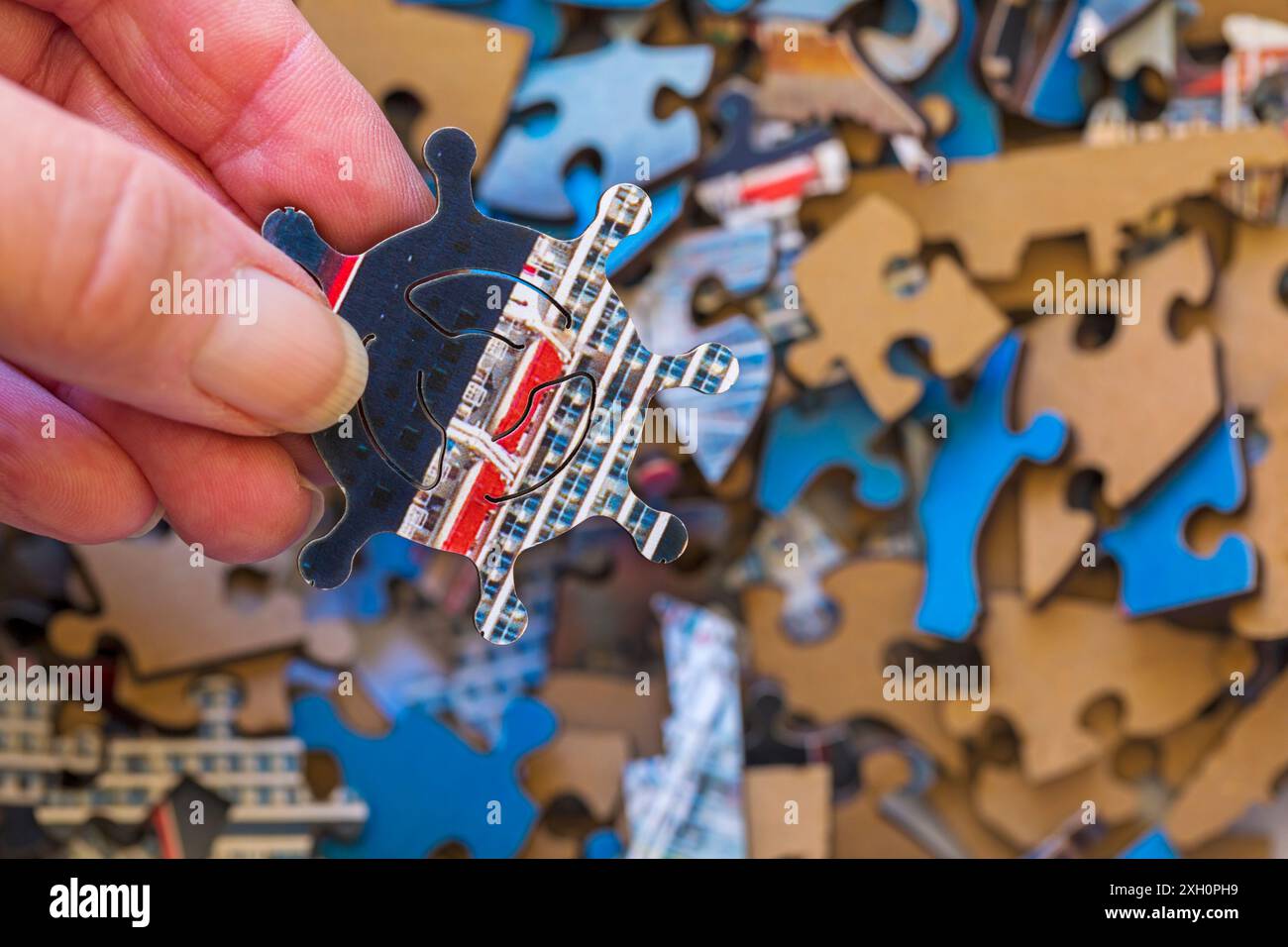 Hand holding Wentworth whimsy piece jigsaw puzzle piece above box of ...