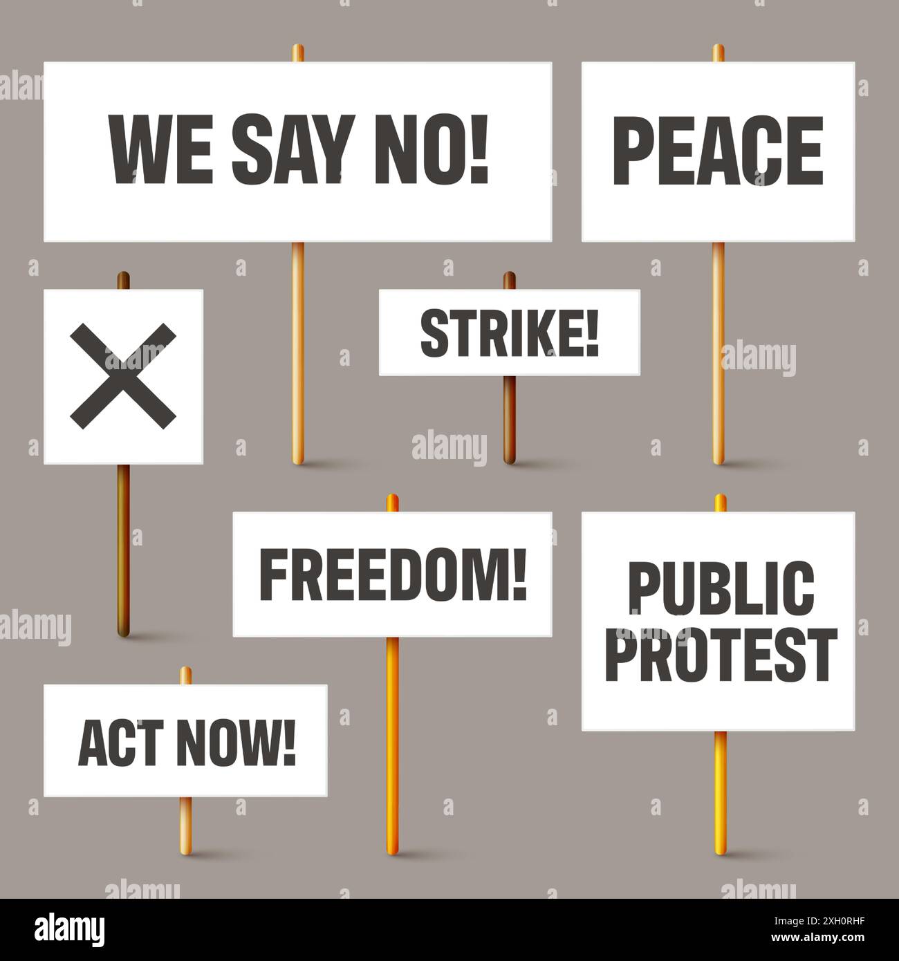 Blank white protest signs with text slogans on wooden holder. Various ...