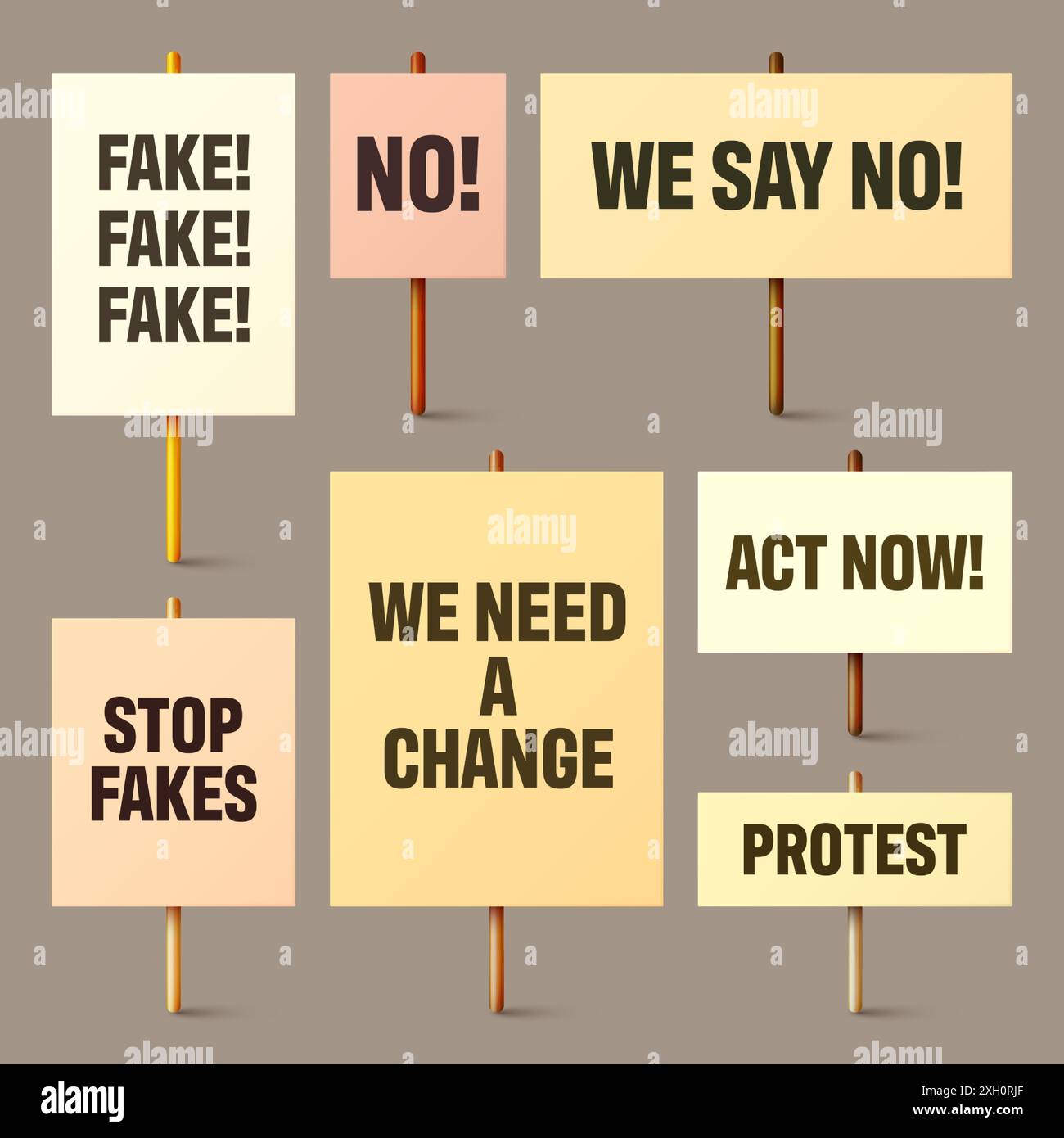Colorful protest signs with slogan on wooden holder. Realistic vector ...