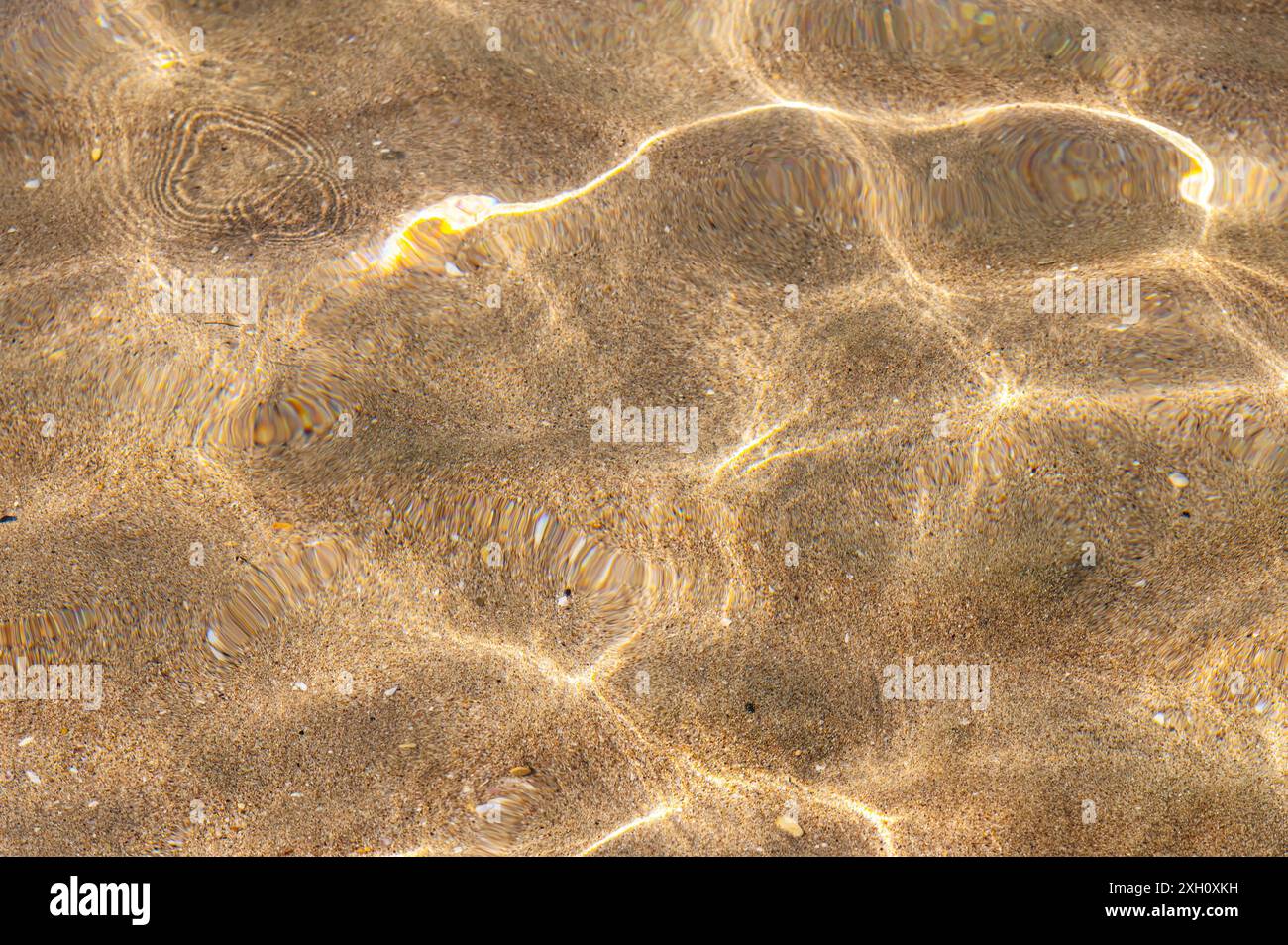 Marine background sea bottom with sun glare. View through the sandy ...