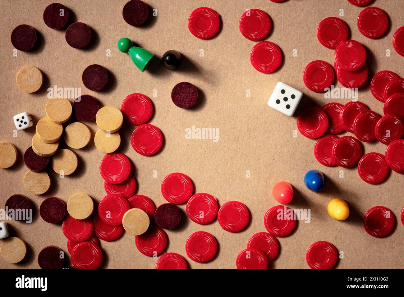 Board games design template with copy space. Various pieces and dice ...