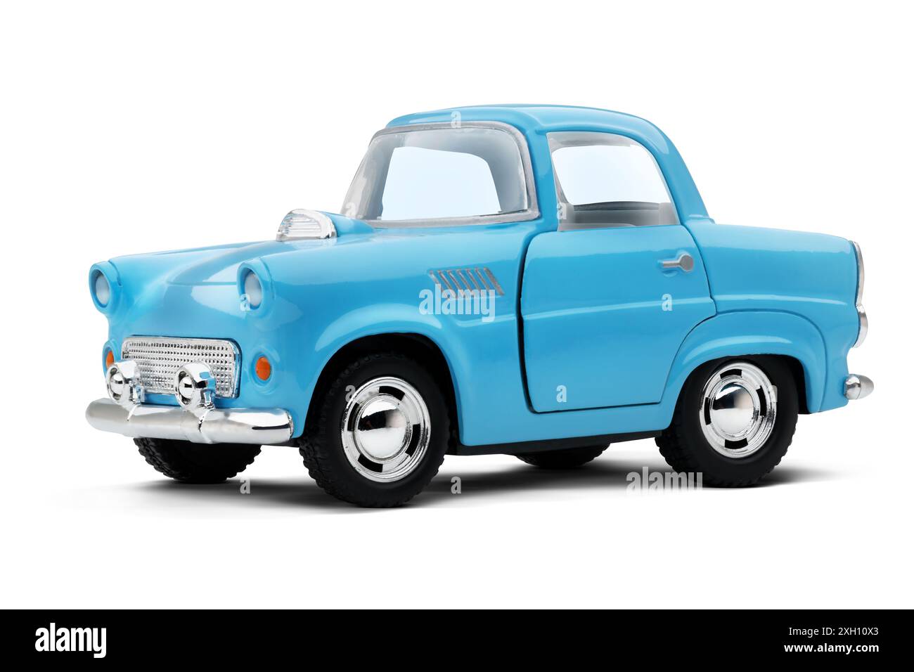 Blue toy car photographed from the front and left side against a white ...