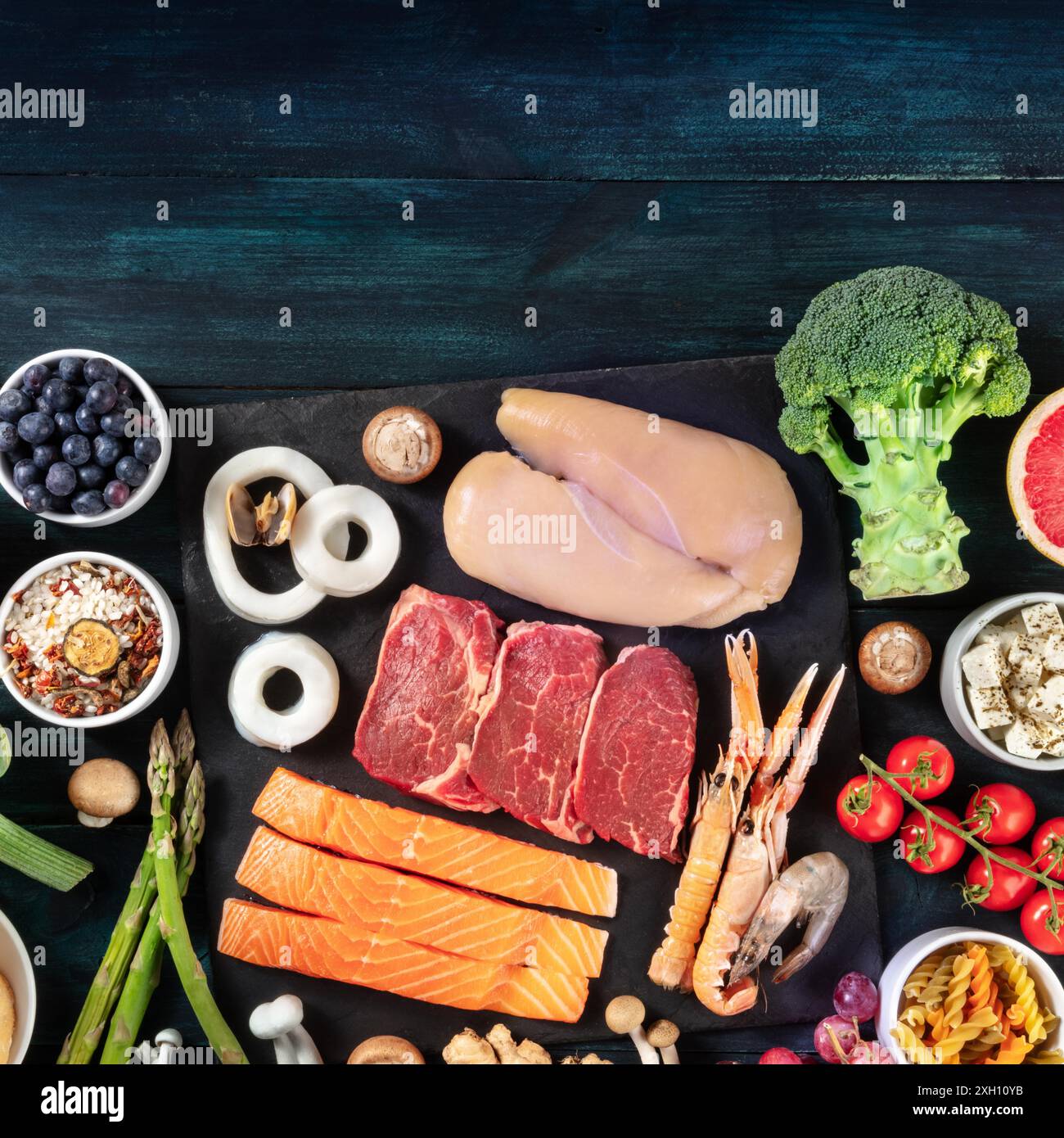 Food variety square banner with copyspace. Chicken, meat, salmon ...