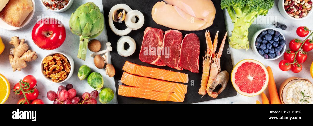 Food panorama with meat, fish, chicken, seafood, fruit and vegetables ...