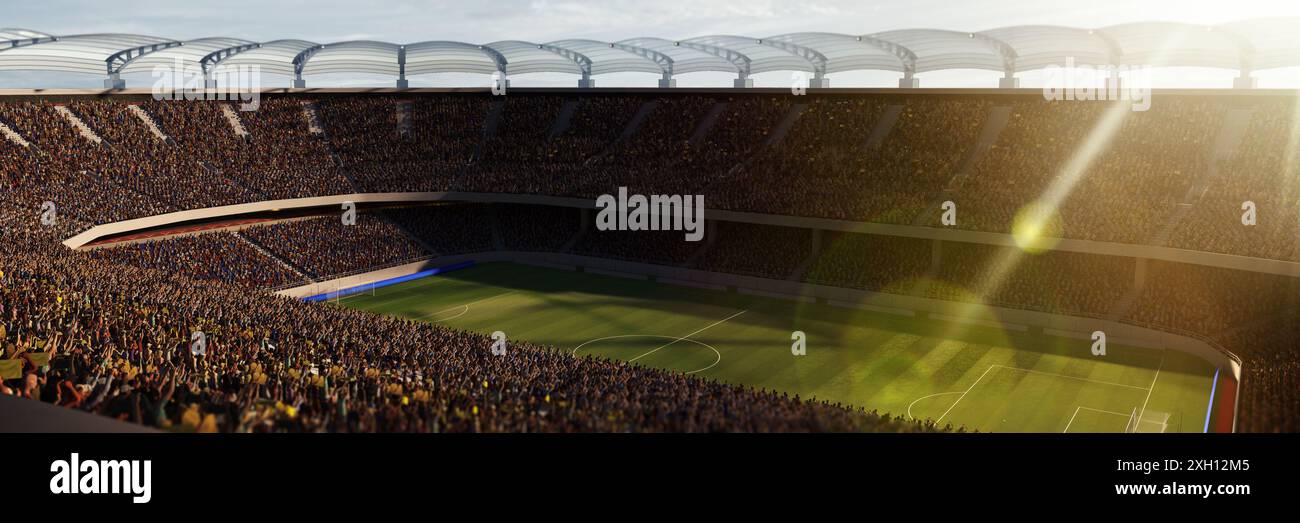 Aerial view of soccer stadium with lush green field and filled stands ...