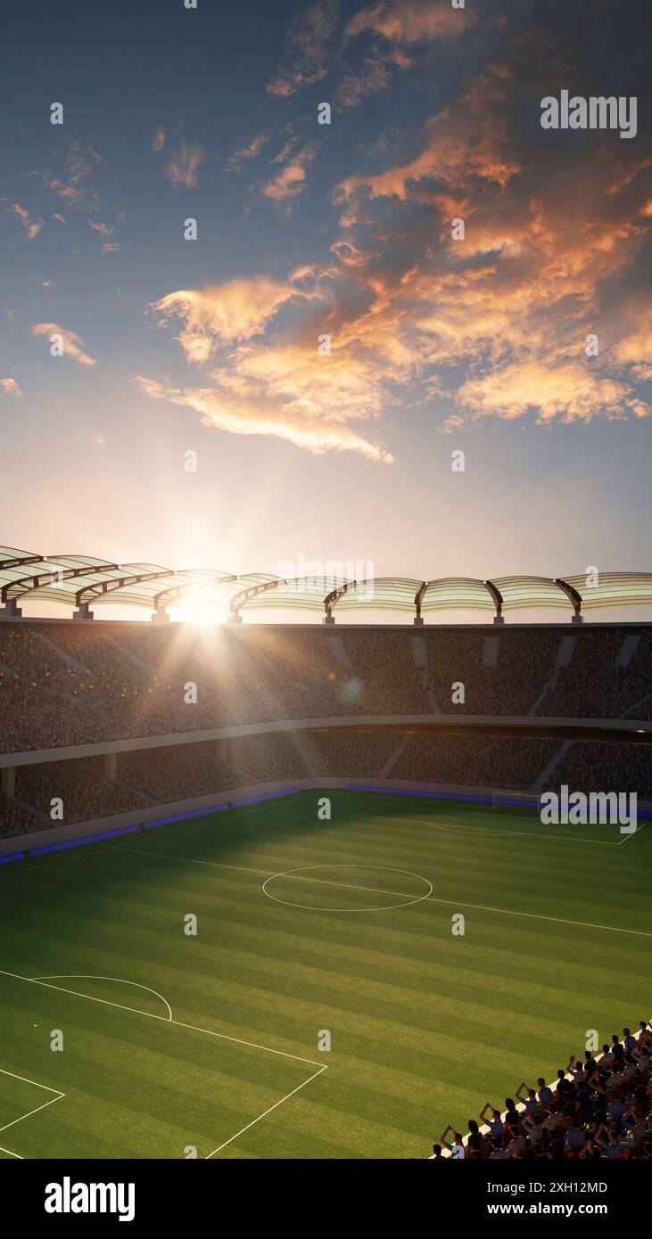 Aerial view of large open air stadium with green empty field and sport ...