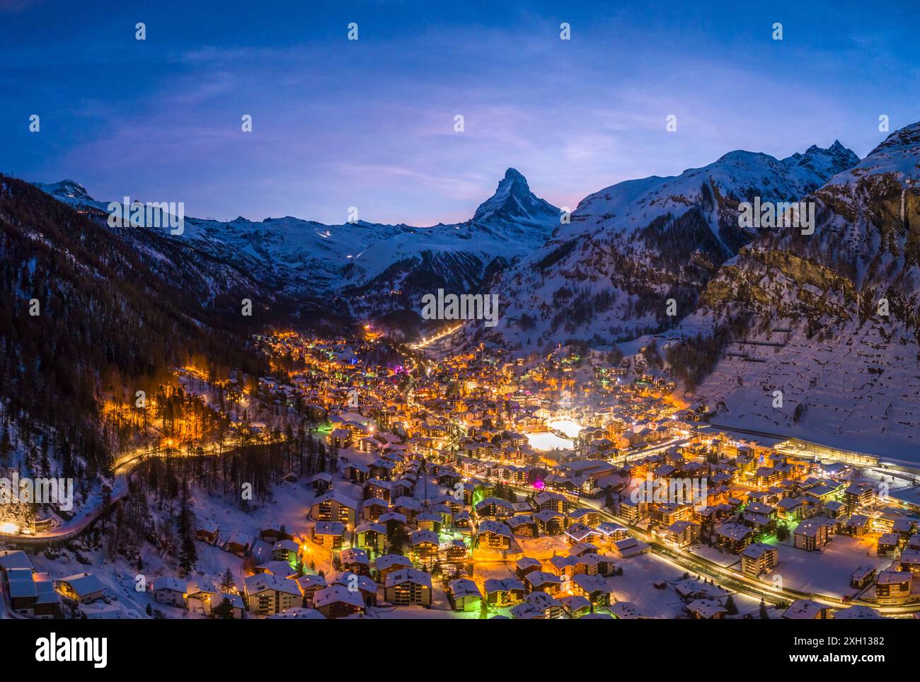 Zermatt Town and Matterhorn Mountain at Winter Night. Swiss Alps ...