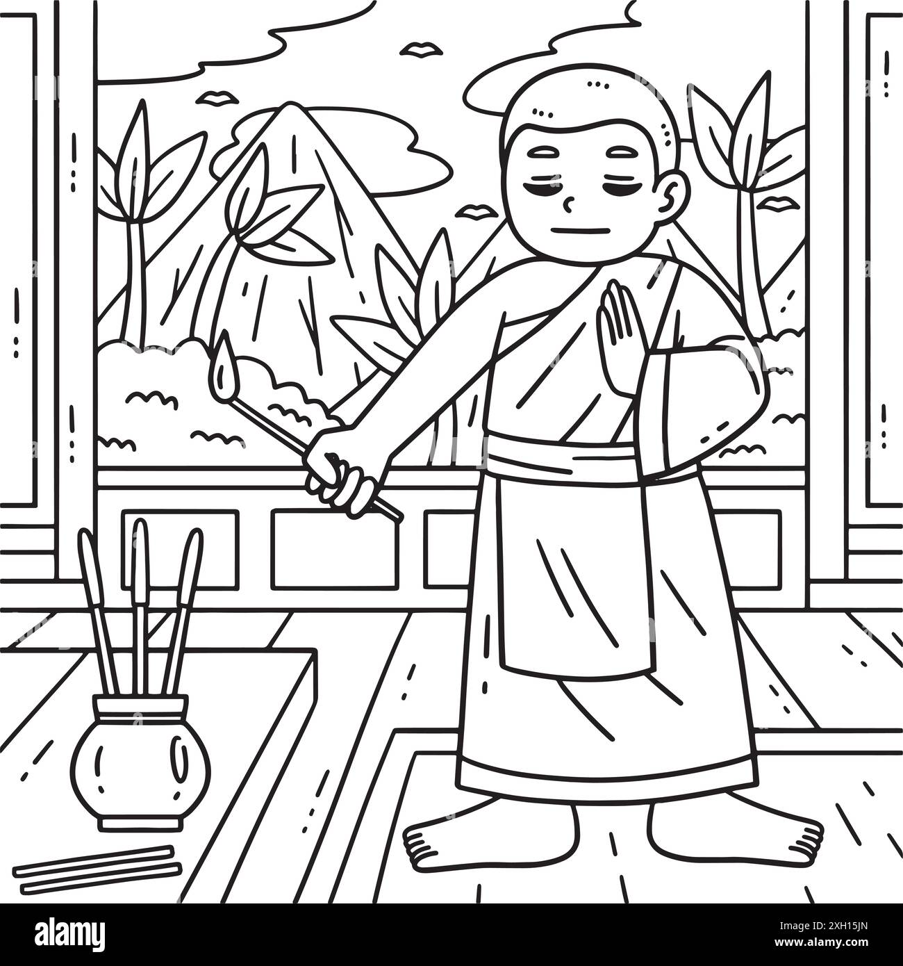 Buddhism Monk Lighting Prayer Incense Coloring Stock Vector Image & Art ...