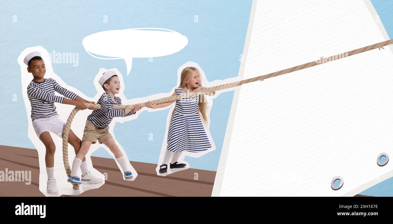 Three children, dressed in sailor stripes, enthusiastically pull rope ...