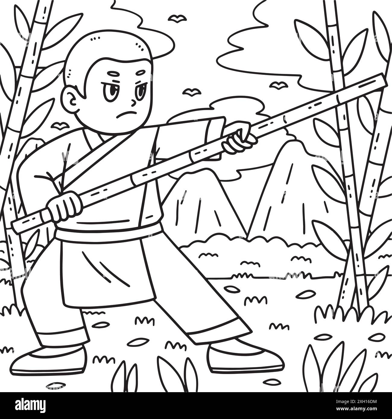 Buddhism Shaolin Monk with Bamboo Stick Coloring Stock Vector Image ...