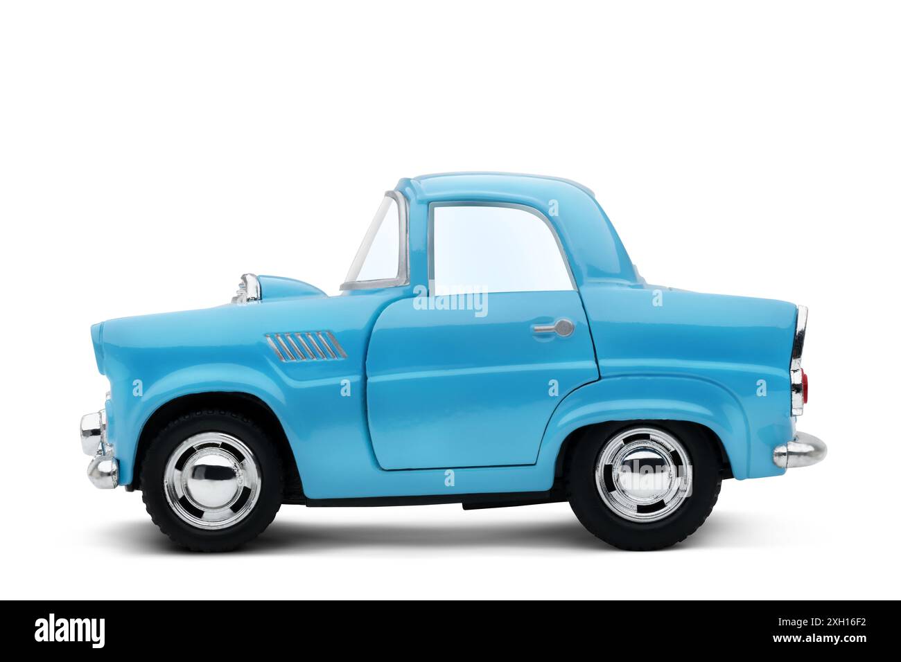 Blue toy car photographed from the left side against a white background ...