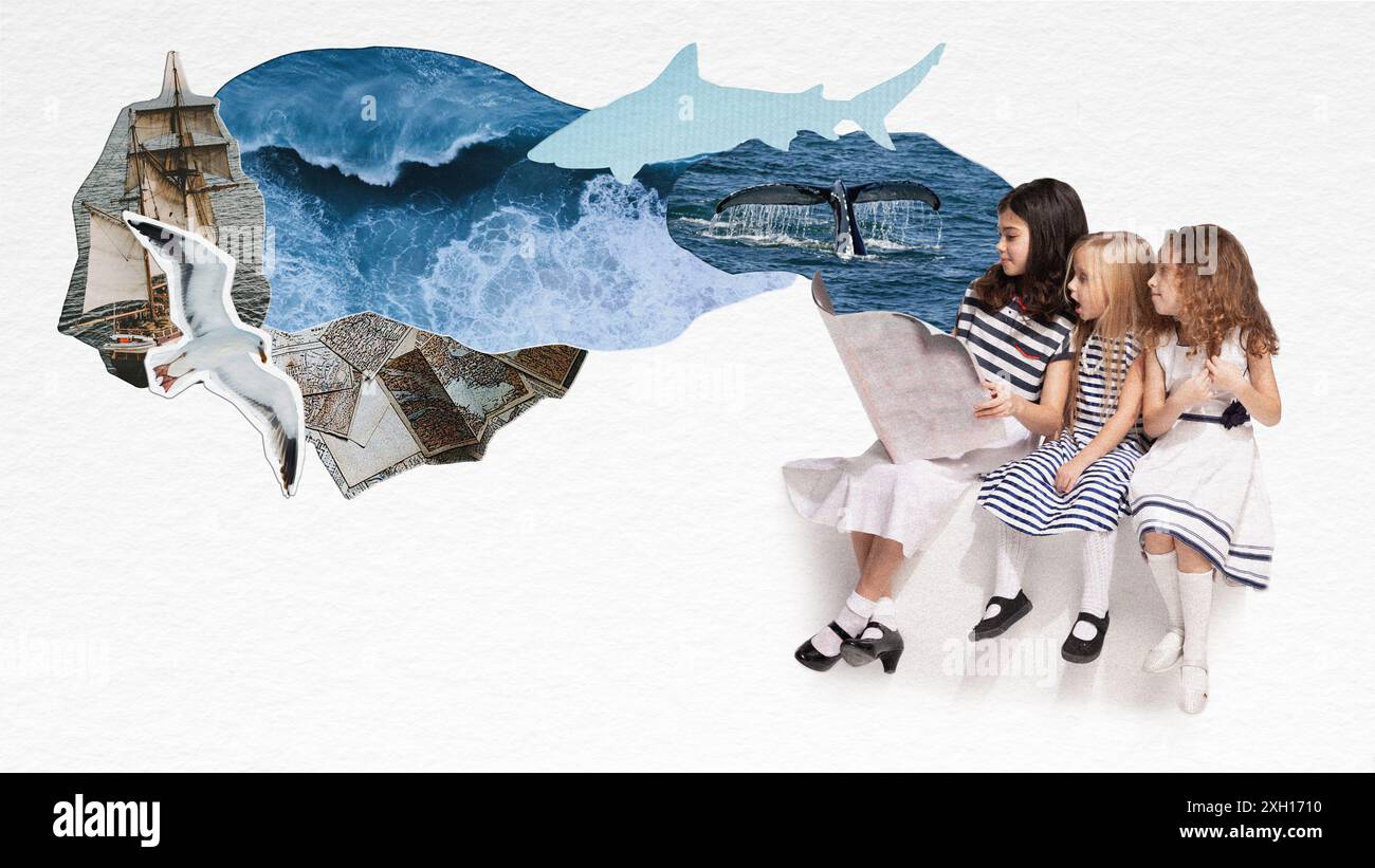 Three young girls in sailor dresses sit together, reading map. Maritime ...