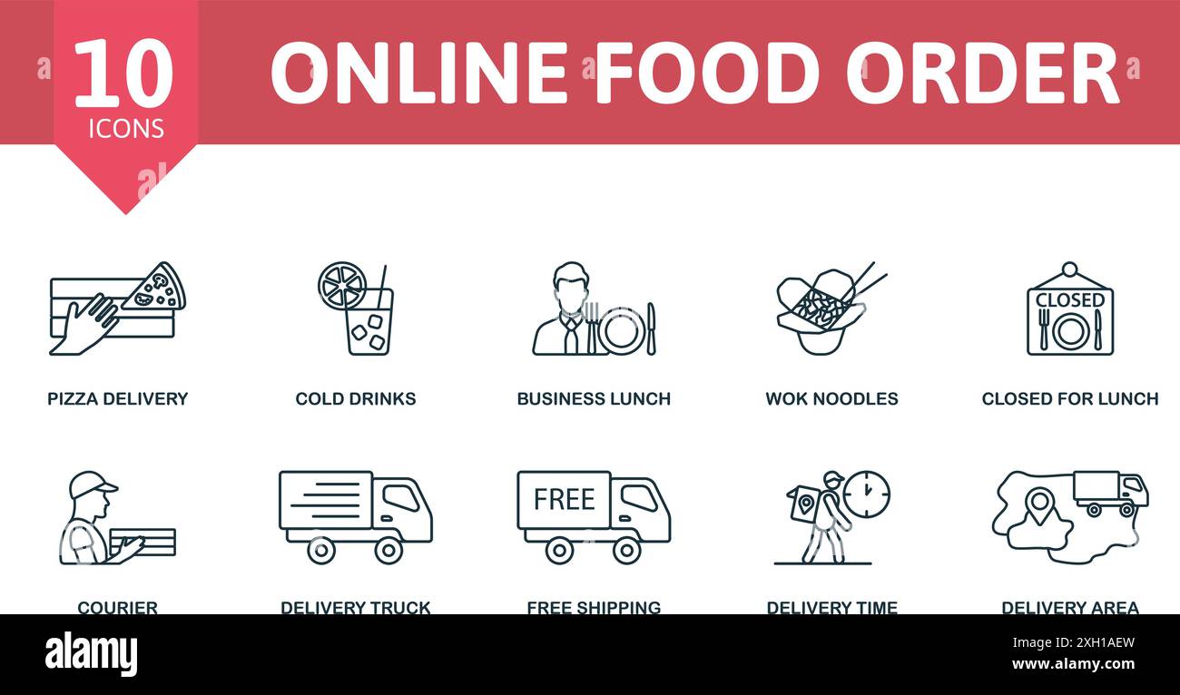Online Food Order thin line icon set. Pizza Delivery, Cold Drinks ...