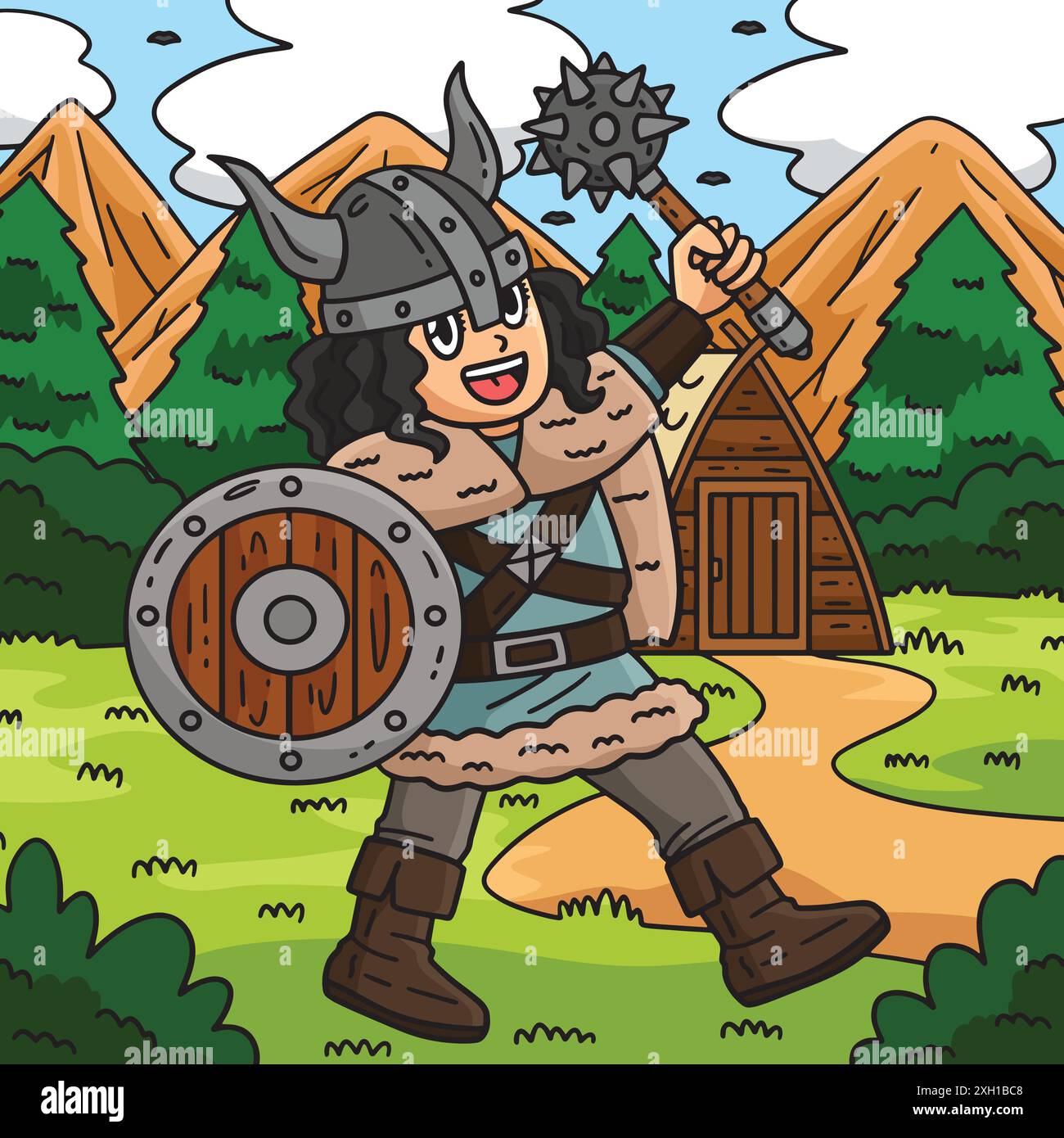 Viking with Mace and Shield Colored Cartoon Stock Vector Image & Art ...