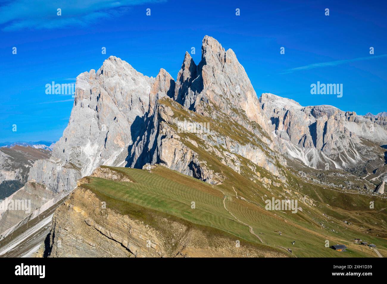 View from the Seceda to the Geisler peaks, Val Gardena, South Tyrol ...