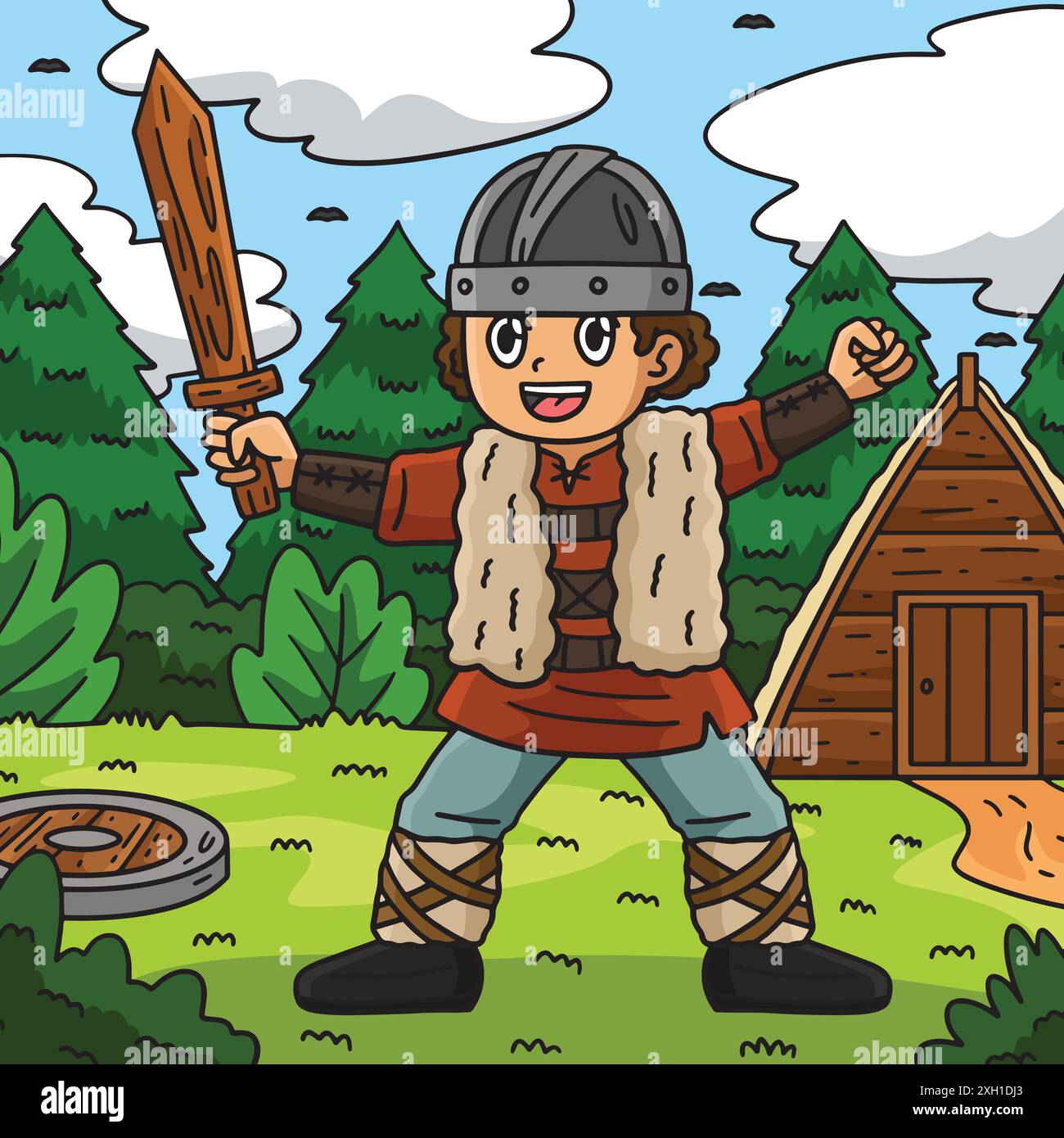 Viking Child with a Wooden Sword Colored Cartoon Stock Vector Image ...