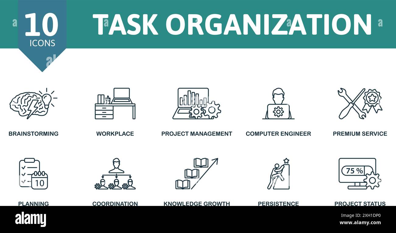 Task Organization thin line icon set. Brainstorming, Workplace, Project ...