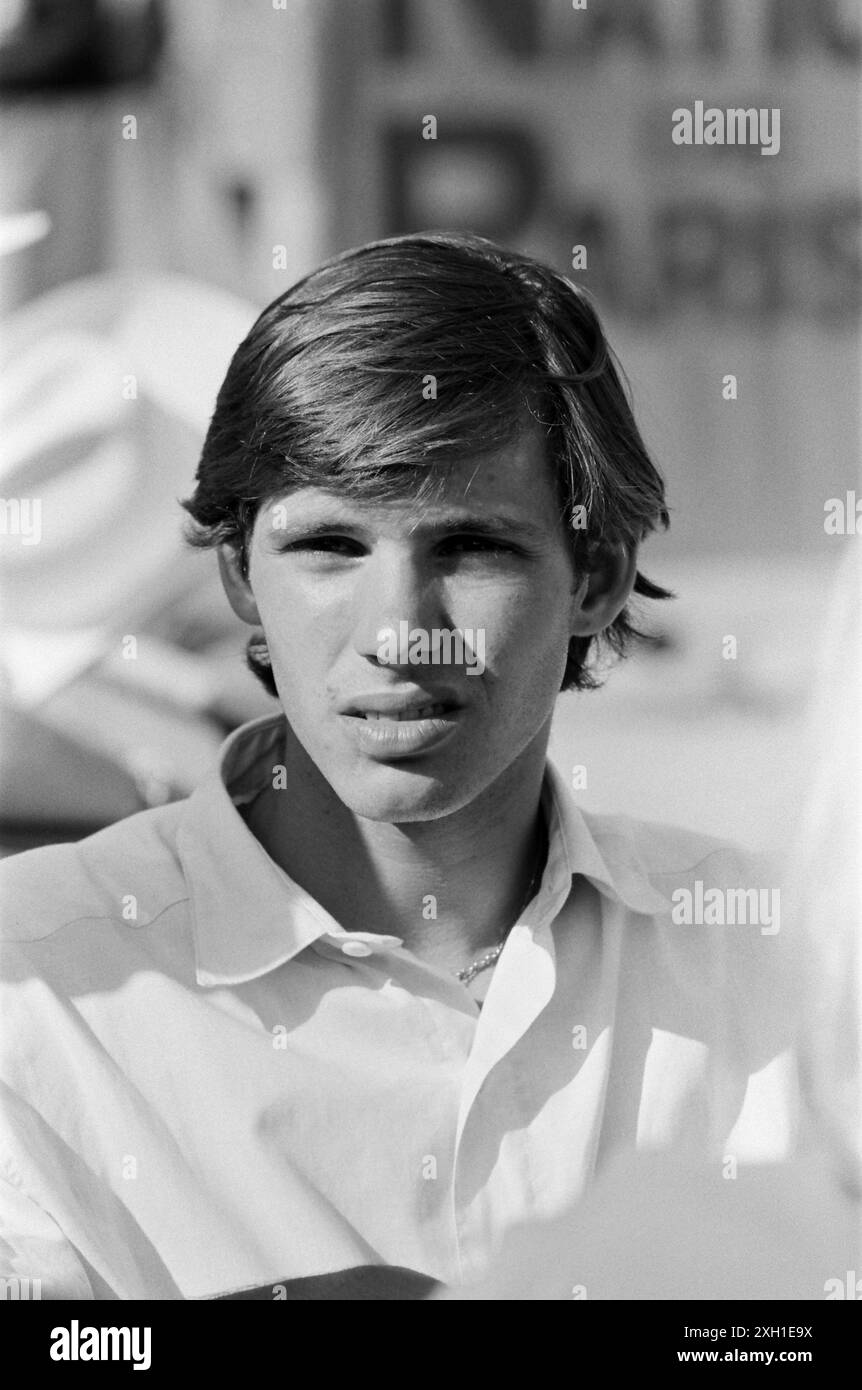 Portrait of French racing driver Paul Belmondo in the stands of the ...
