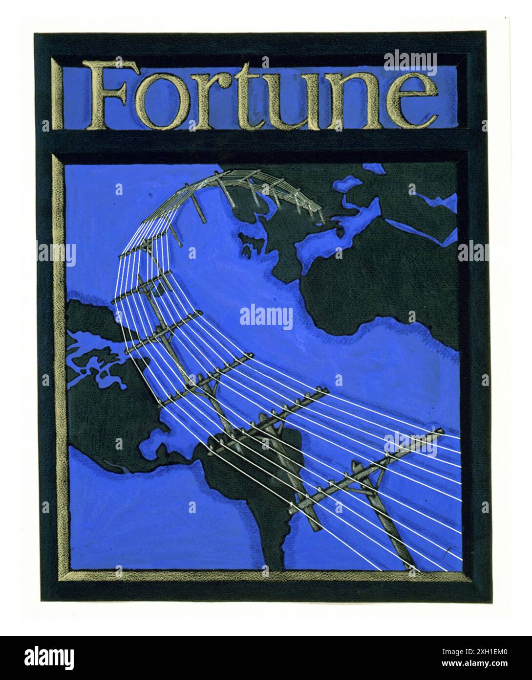 Cover design for Fortune magazine showing telephone lines spanning the ...