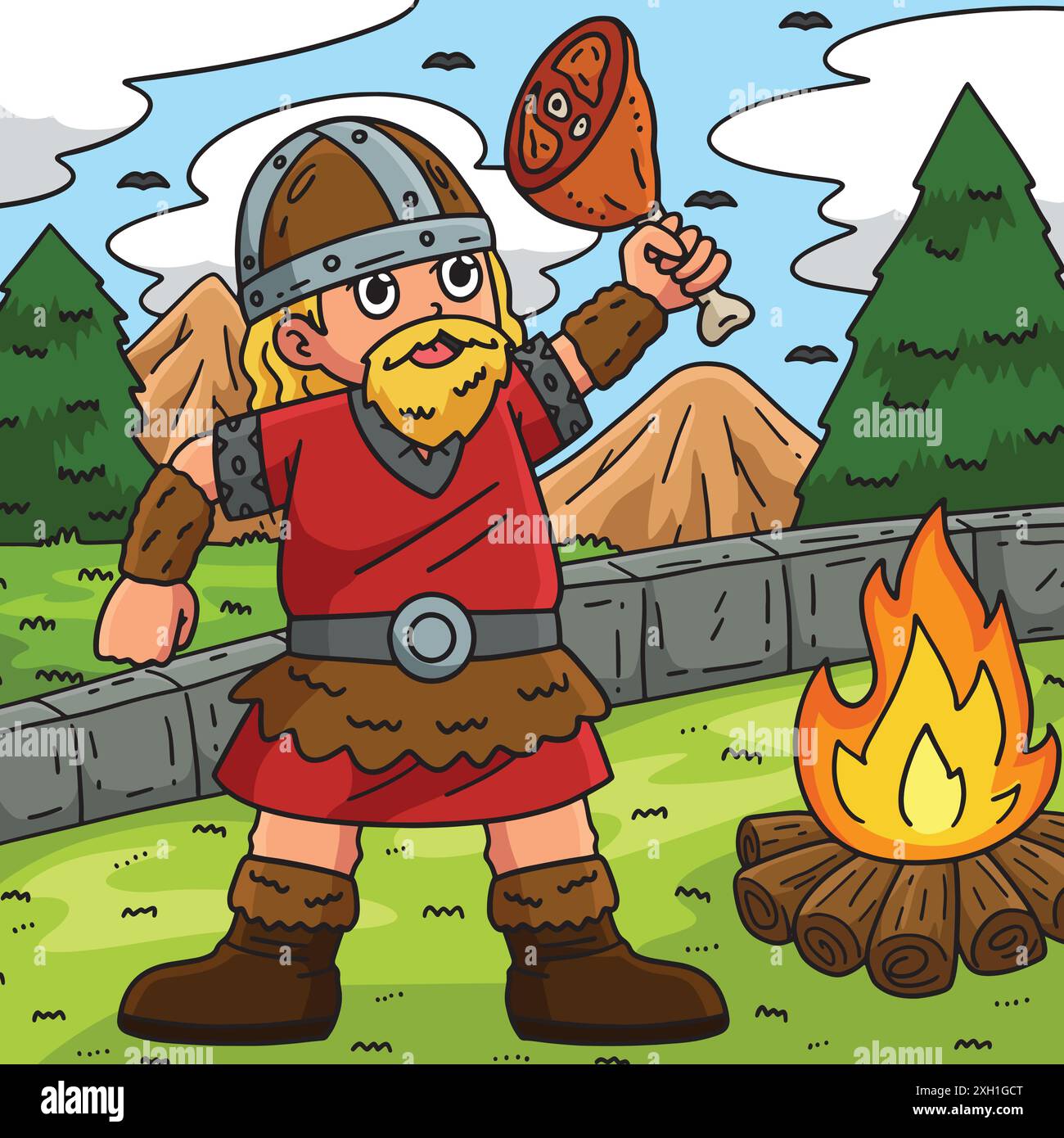 Viking Eating Meat Colored Cartoon Illustration Stock Vector Image ...