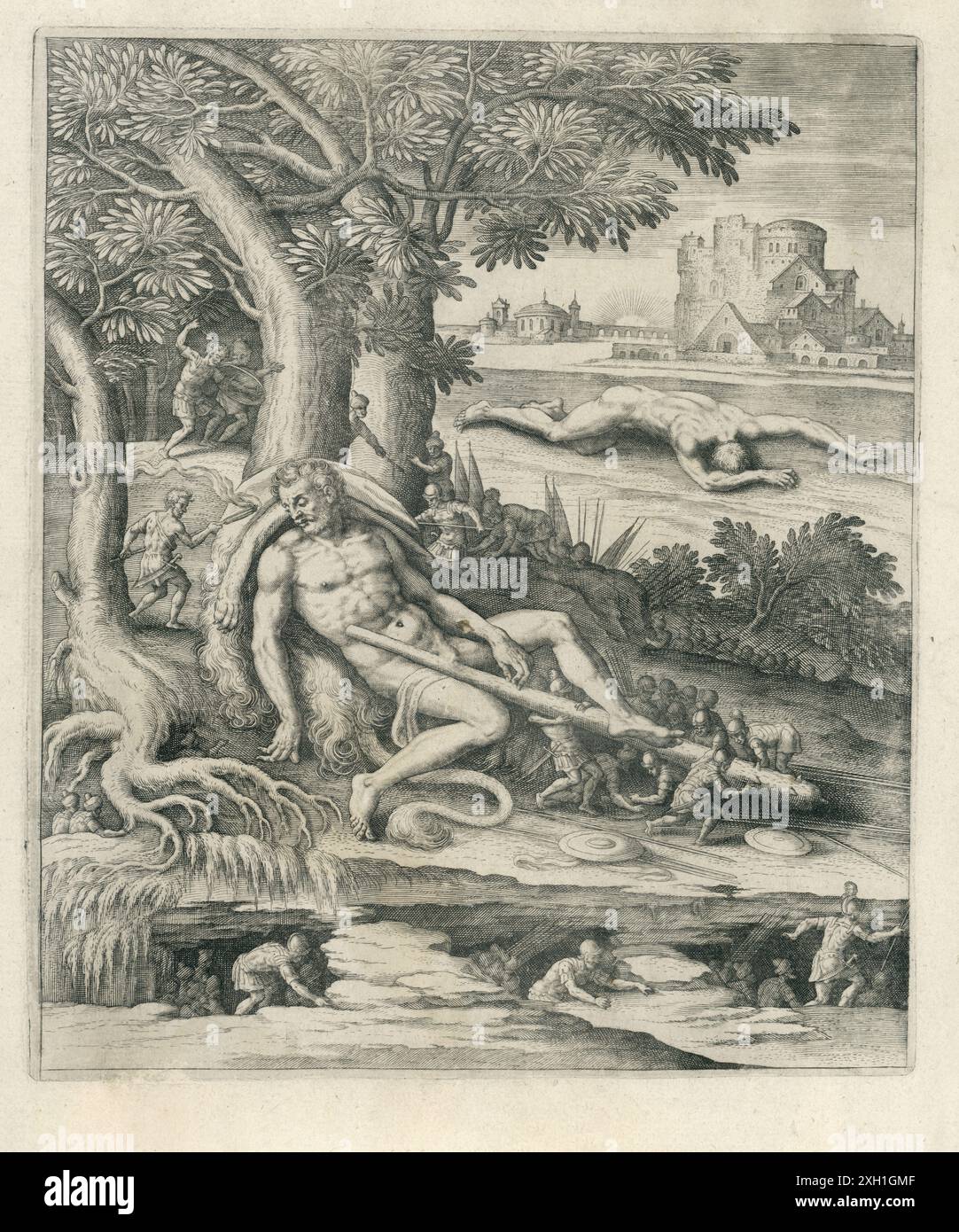 Hercules asleep after his battle with Antaeus (whose corpse can be seen ...