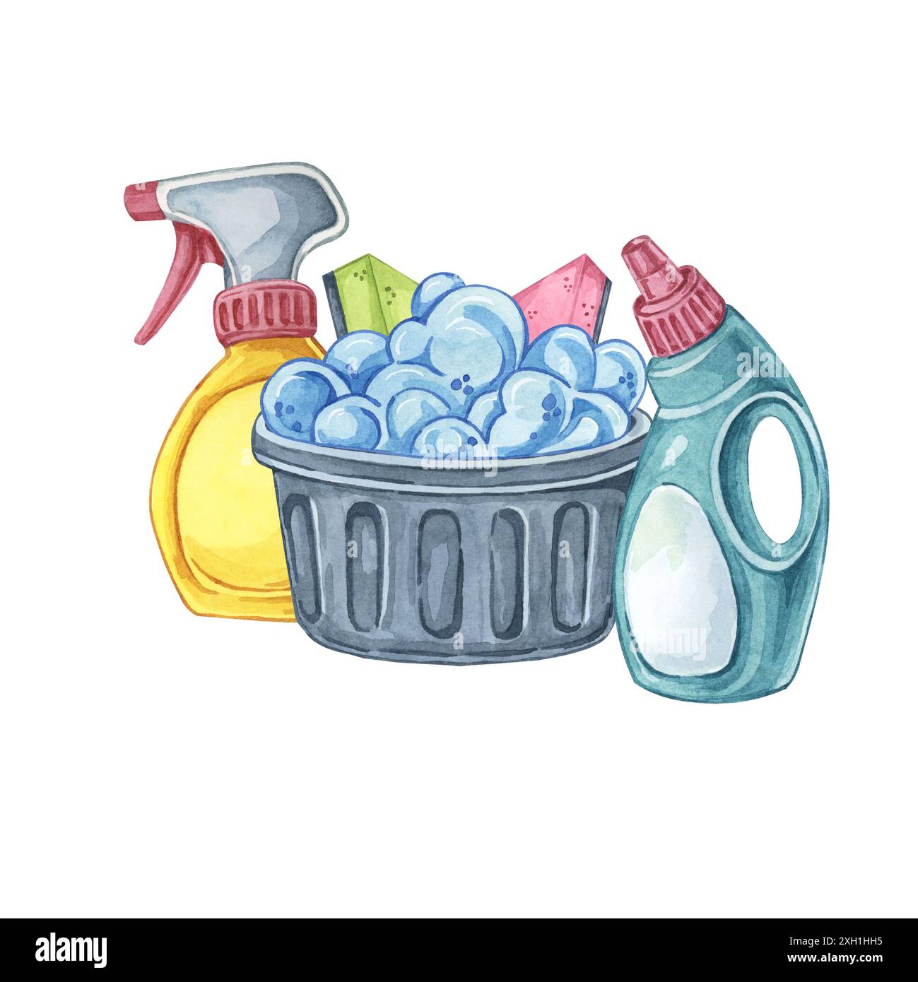 Black basket with foam and cleaning essentials including spray bottle ...