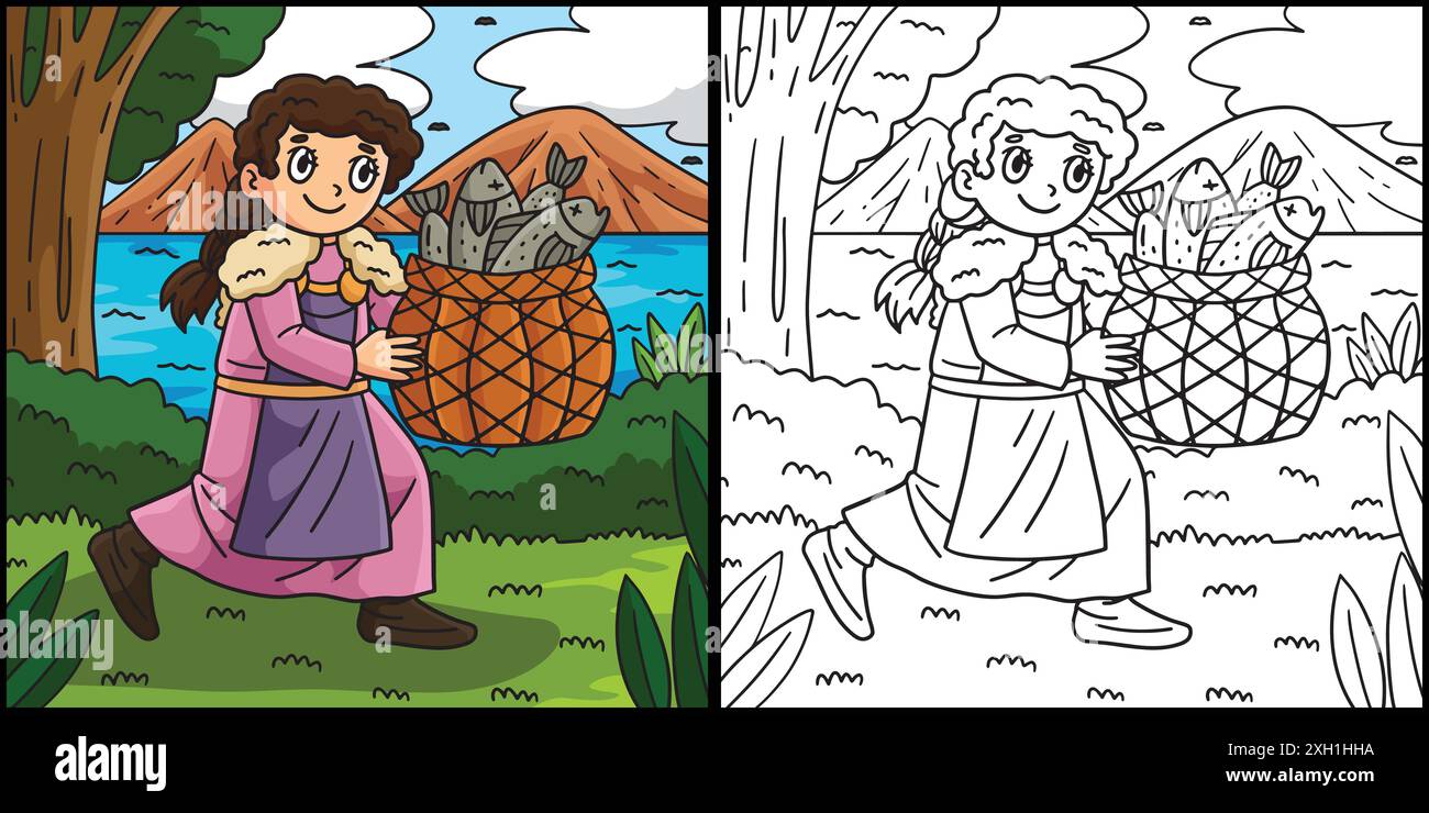 Viking Girl with a Basket of Fish Illustration Stock Vector Image & Art ...