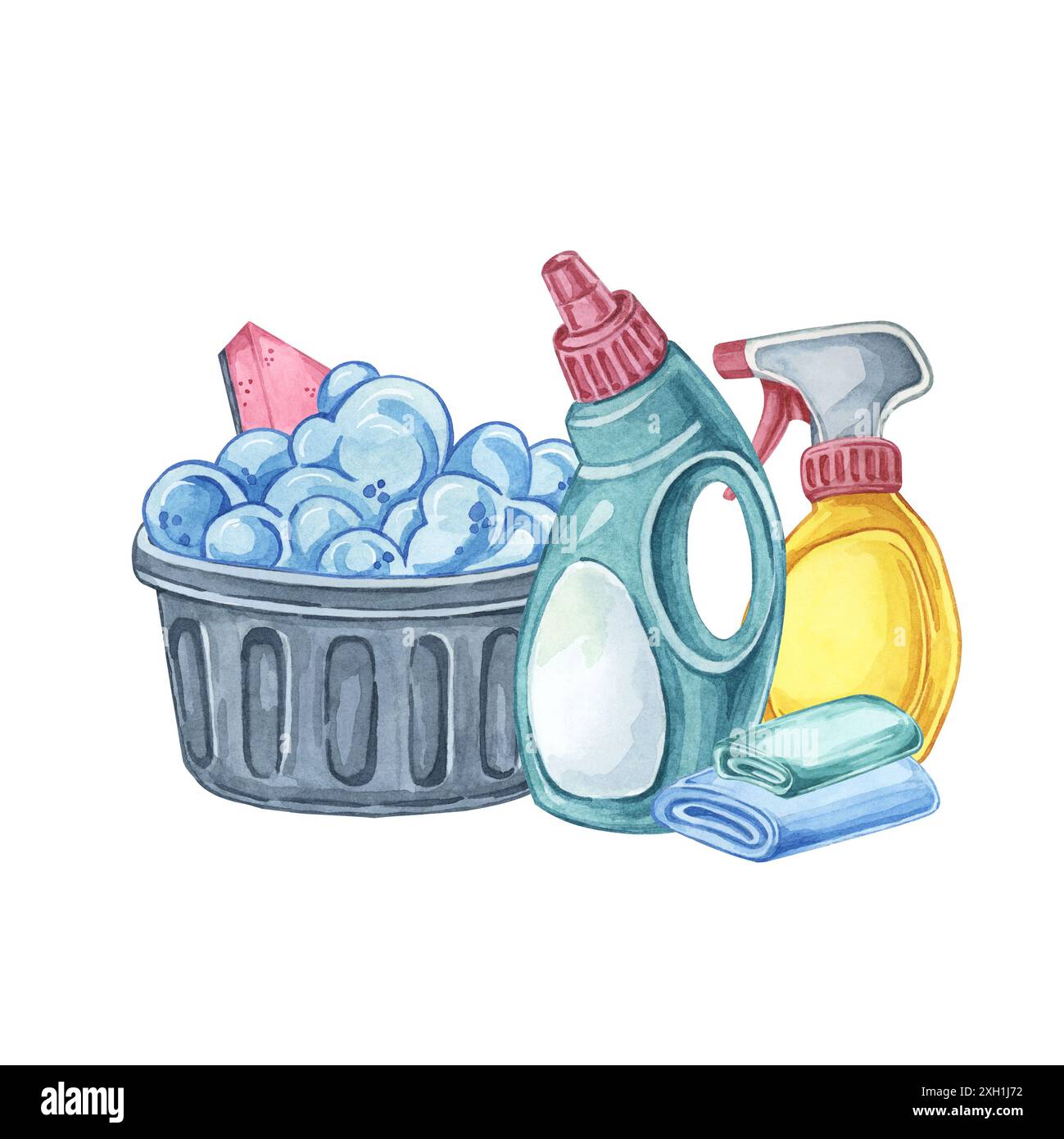 Black basket with foam and cleaning essentials including gloves, spray ...