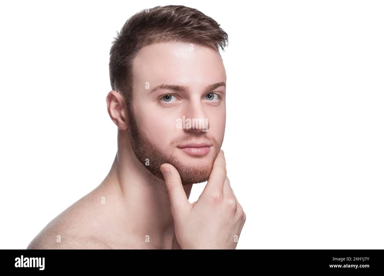 Portrait of a handsome man, with a shaved beard and mustache, and trimmed hair on white ...