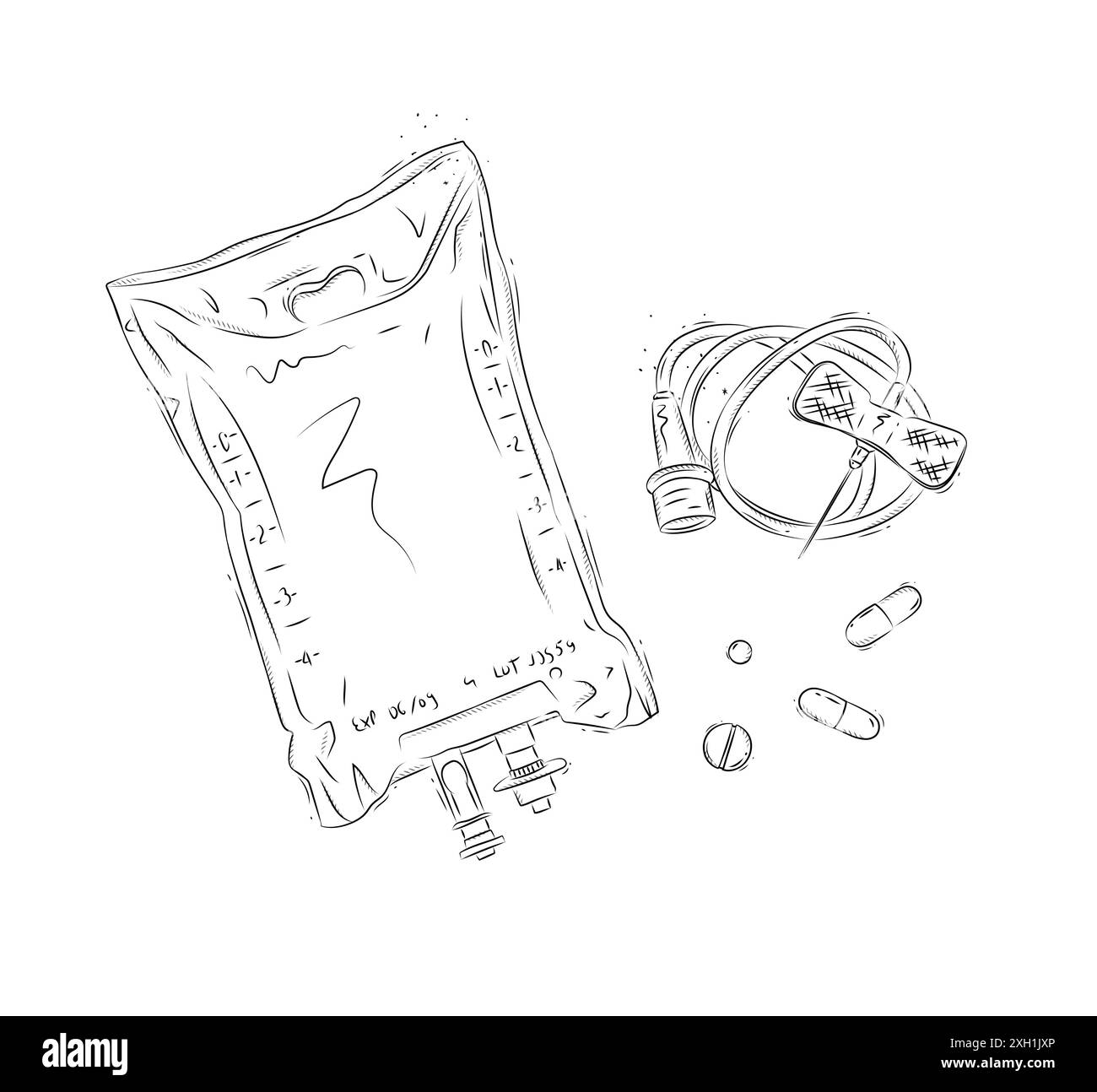 Infusion bag, butterfly injection catheter, pills composition drawing ...