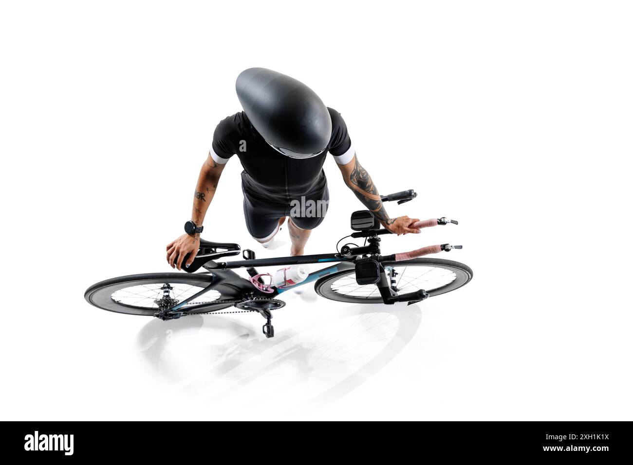 Woman, bicyclist in sportswear and protective helmet standing with bike ...