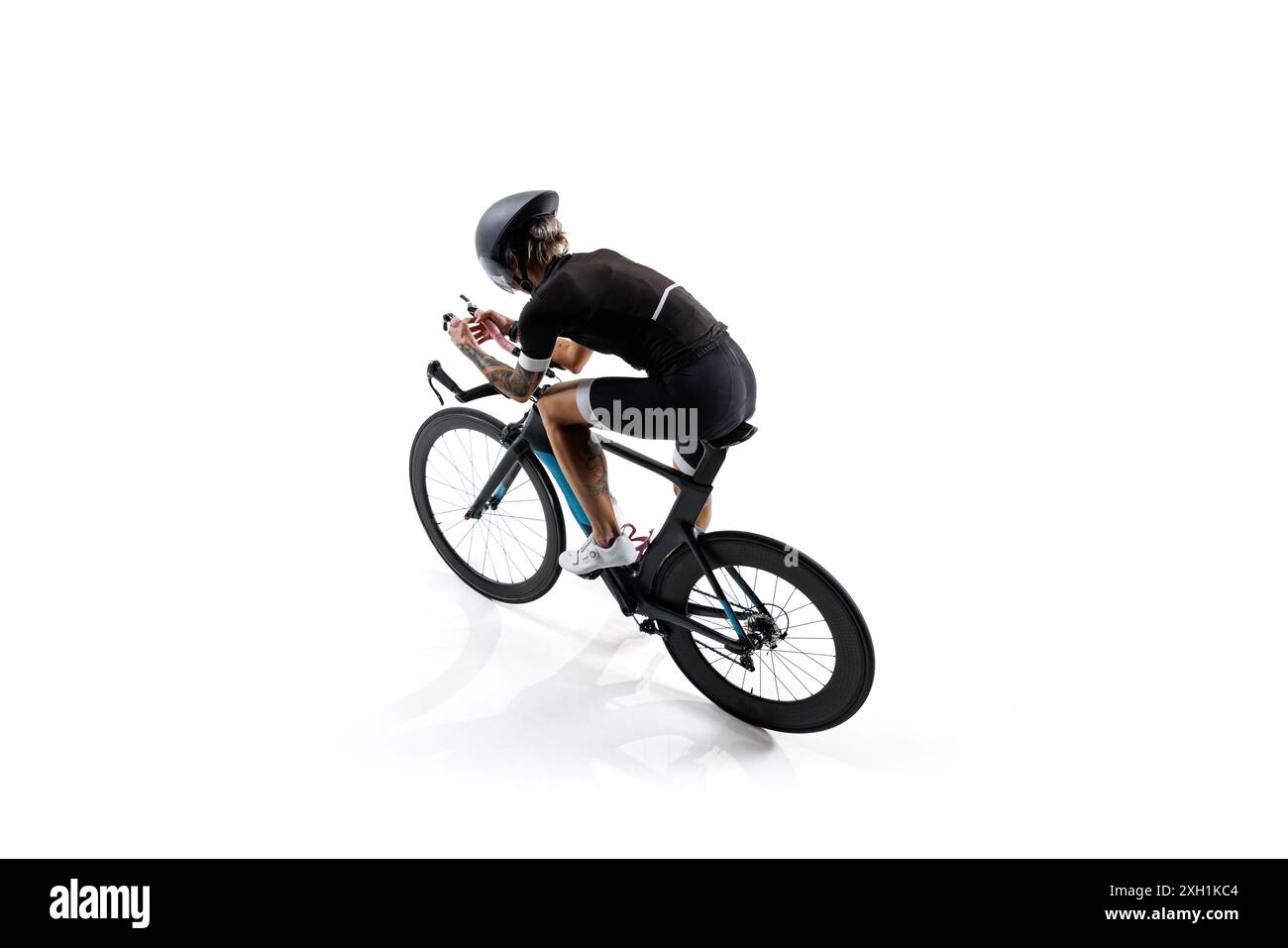 Aerial view of cyclist, determined athlete in professional attire and ...