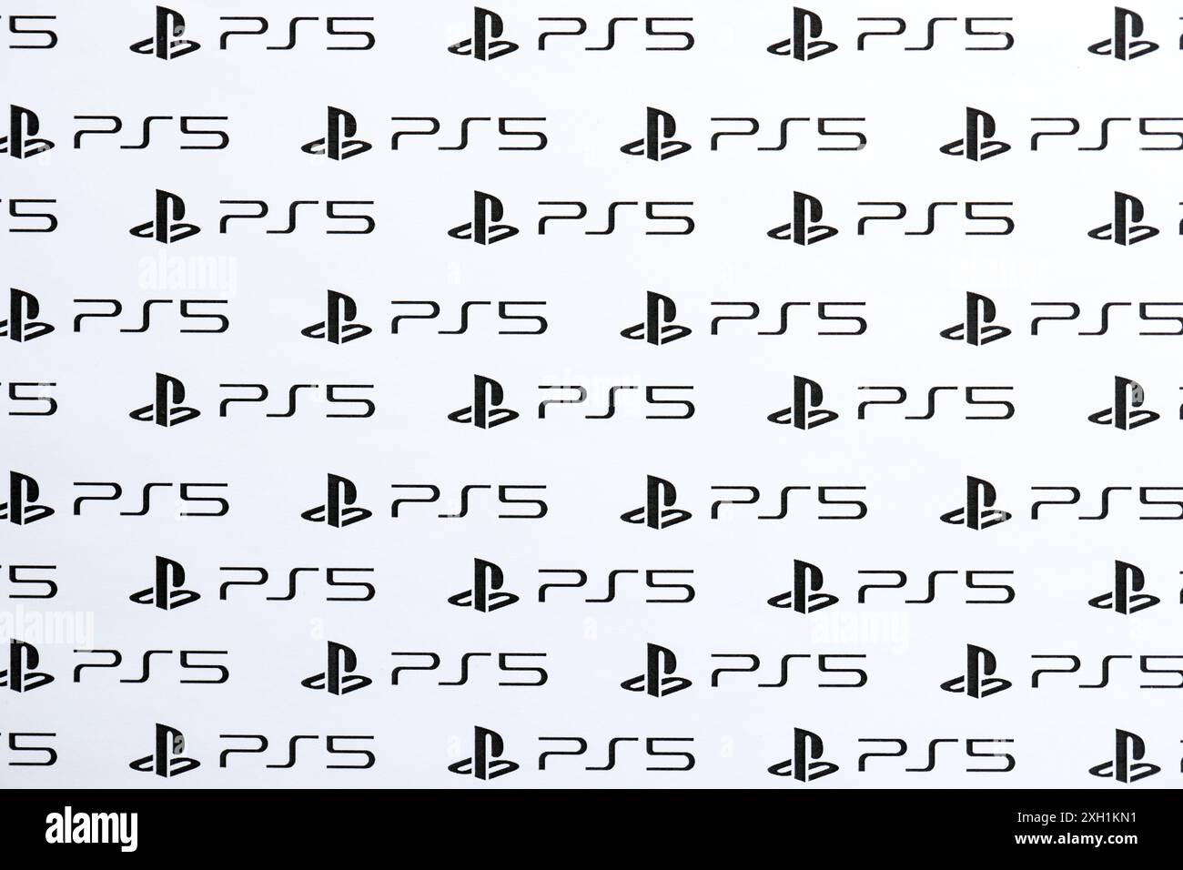 KYIV, UKRAINE - JUNE 26, 2024 Sony Playstation 5 console logo repeating ...