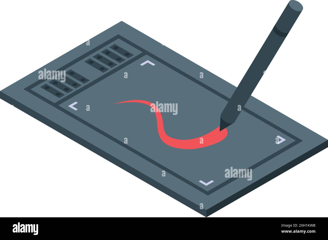 Digital drawing tablet with pen drawing a red curve on a gray ...