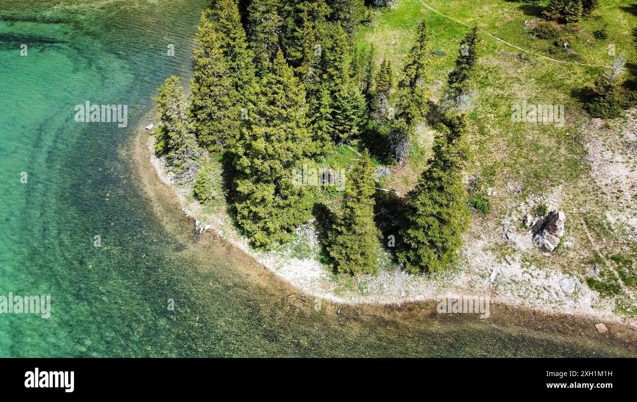 Aerial view of the beautiful teal blue waters of Crystal Lake ...