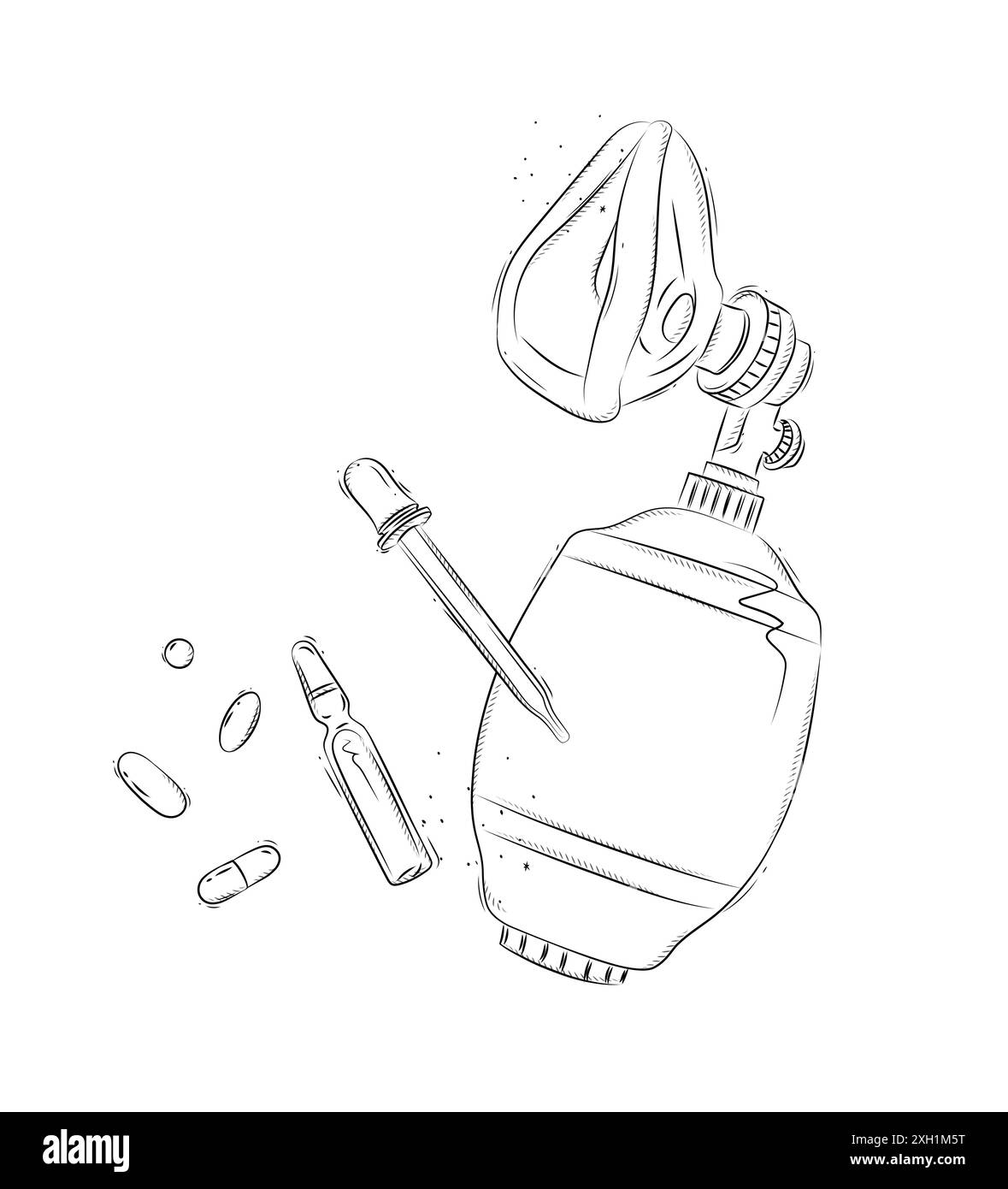 Ambu bag, pipette and pills composition drawing in graphic style on ...