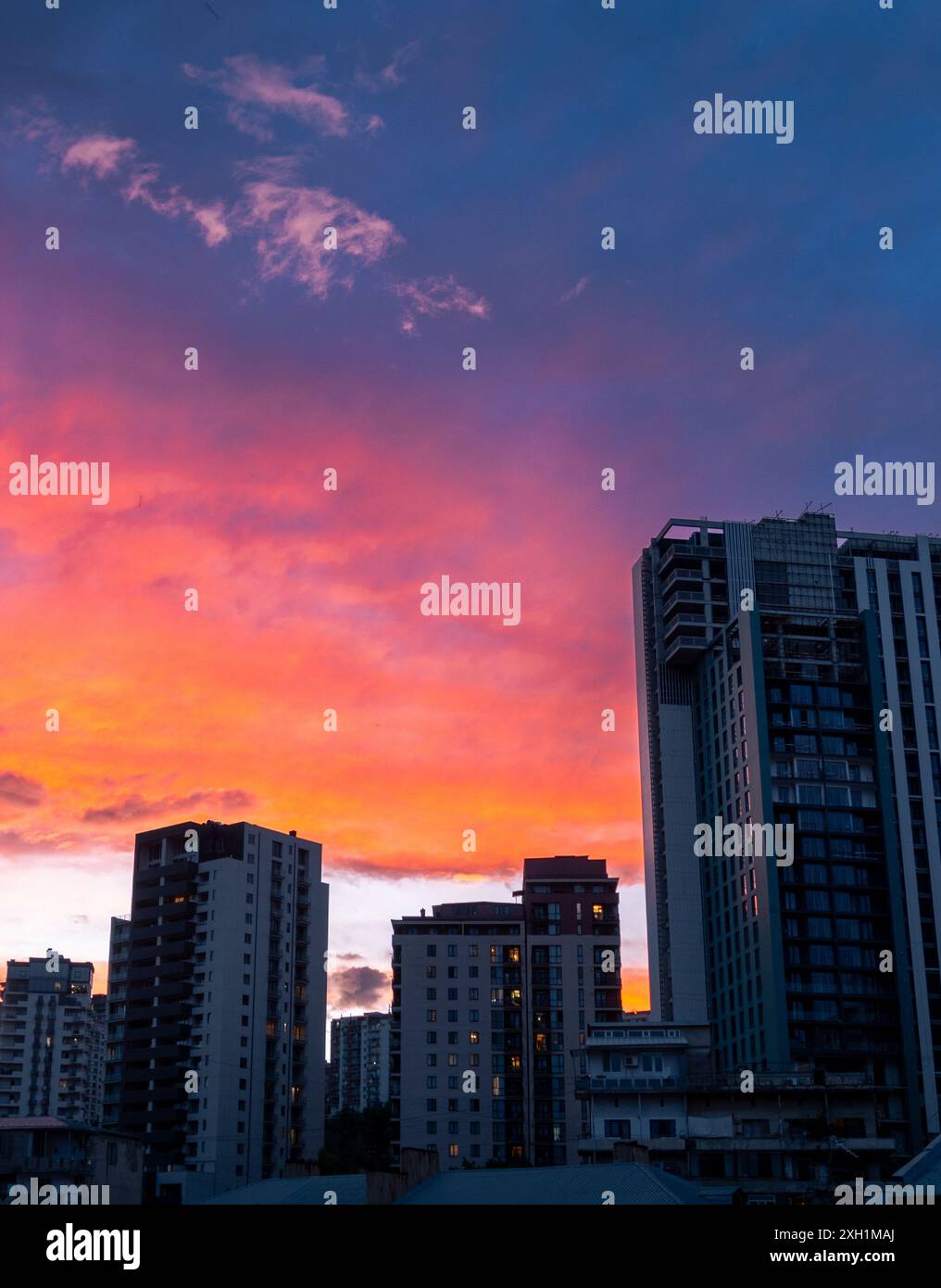 Saburtalo new high rise real estate buildings with dramatic purple ...
