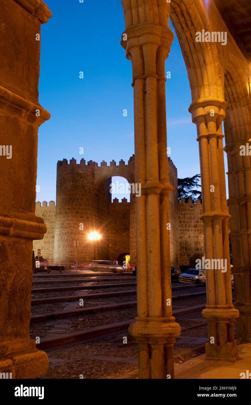 City walls from San Vicente church, night view. Avila, Spain Stock ...